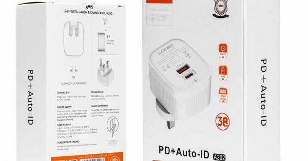 شاحن جداري منفذ USB منفذ PD يدعم الشحن السريع LDNIO A202